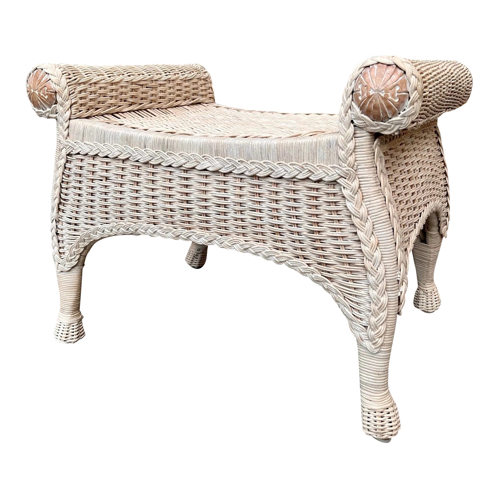 Late 20th Century Coastal Style Rattan Vanity Bench. | Chairish