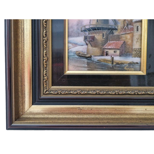 1970s Hand Painted Limoges Enamel Painting With Riverscape and Windmill ...