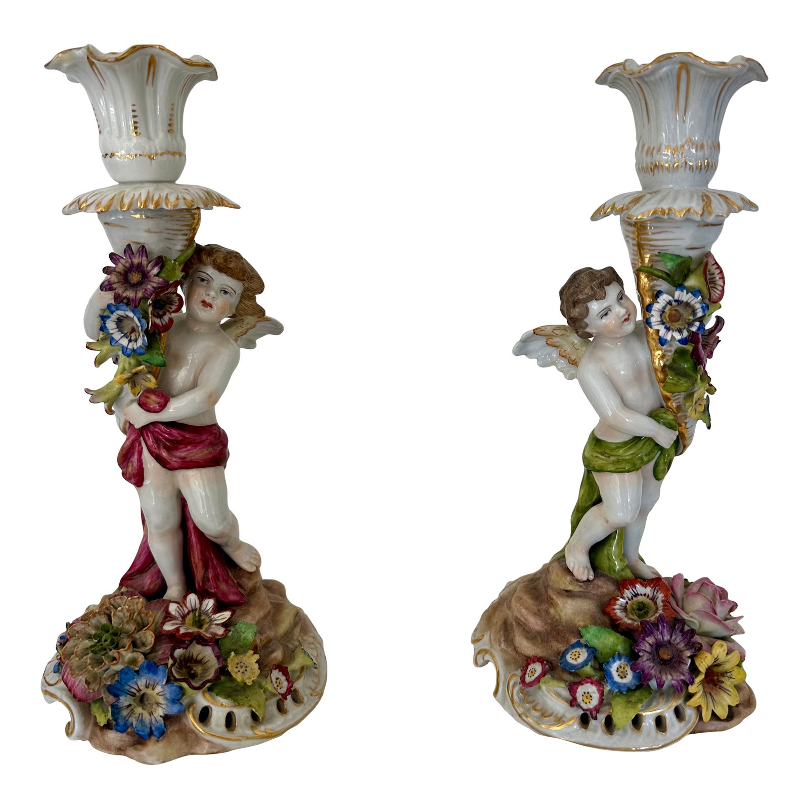 Pair of Antique Dresden Porcelain Candlesticks – Rococo Style With ...