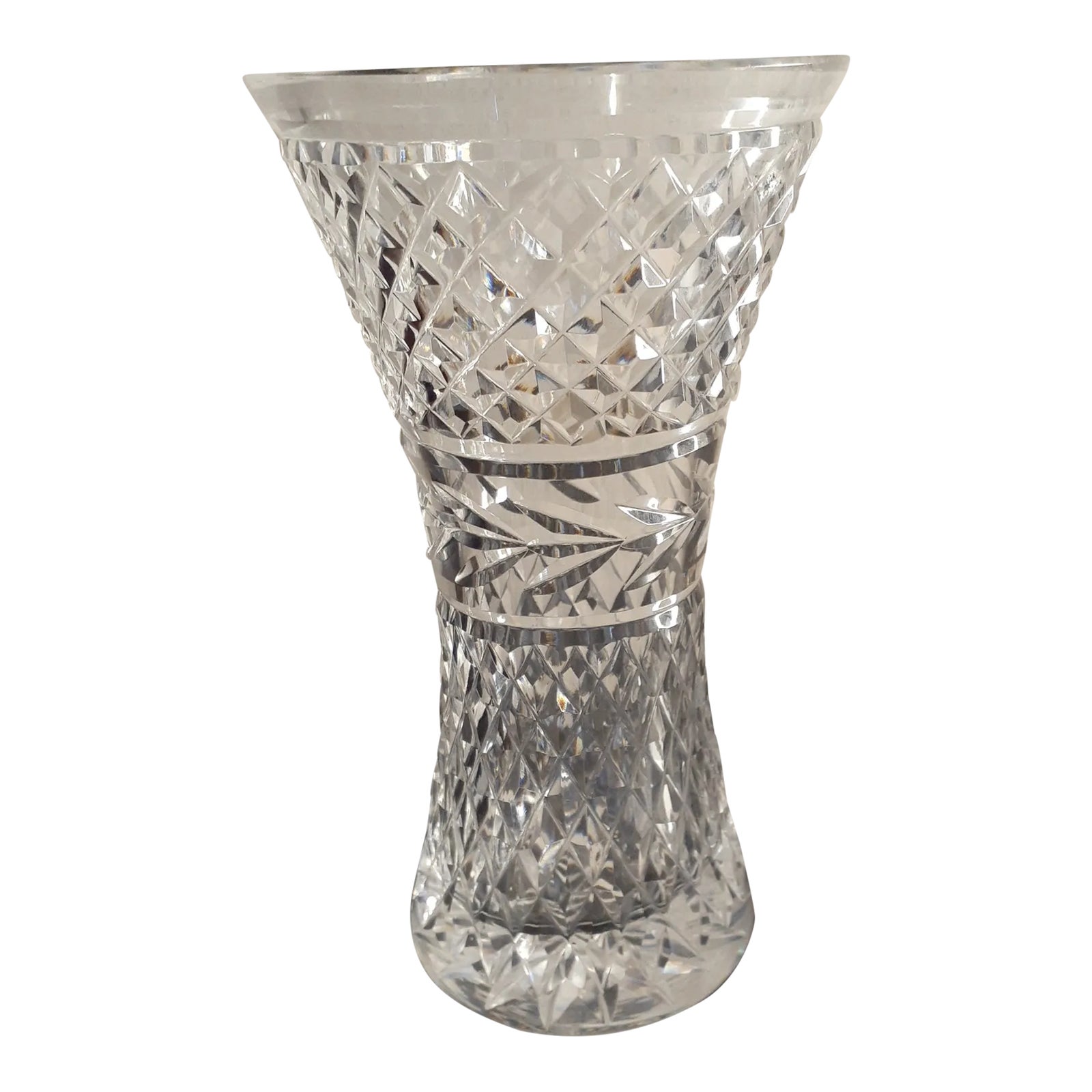 1980s Etched Waterford Lismore Diamond Cut Crystal Clear Vase | Chairish