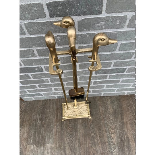 Neoclassical Brass Mallard Duck Head Fireplace Tools and 2 Shell ...