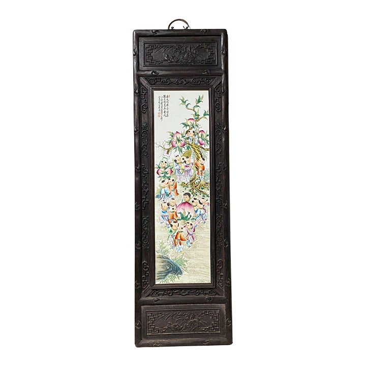 Lg Chinoiserie Famille Rose Porcelain Wood Panel 49" H | Chairish