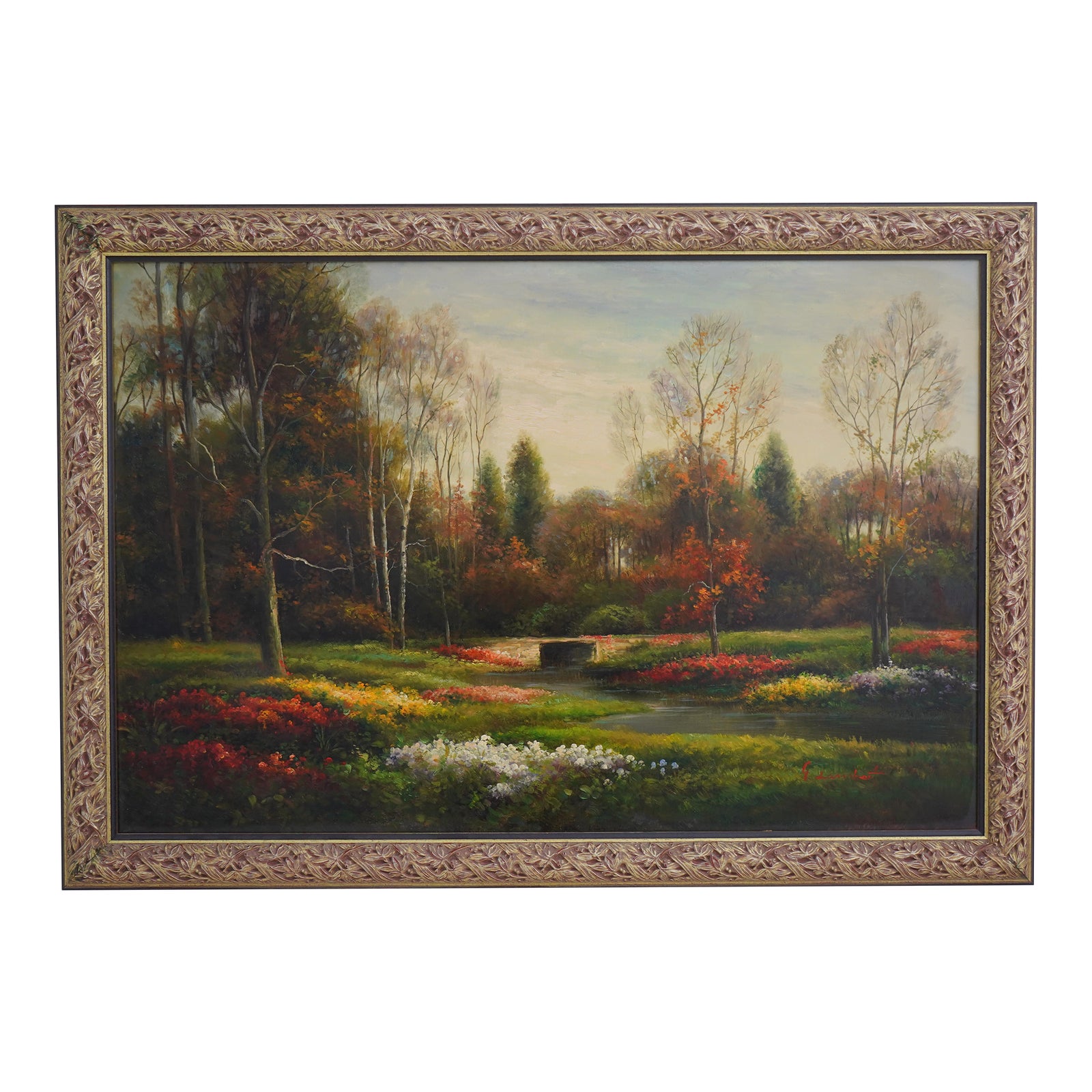 Large Gild Frame Oil Painting Forrest Landscape Signed | Chairish