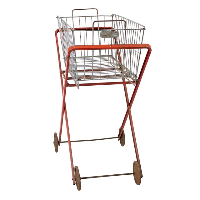 Vintage 1950s Industrial Orange Rolling Folding Laundry Cart With ...
