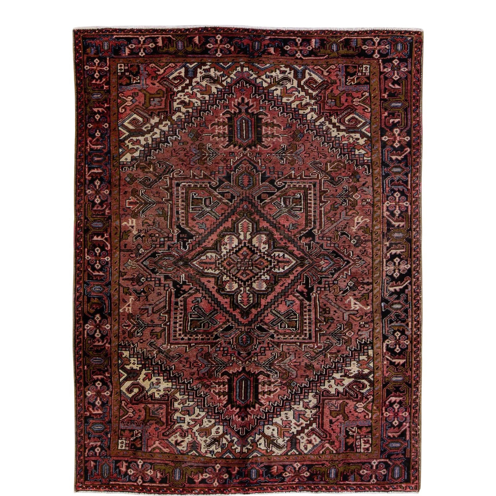 Antique Heriz Persian Handmade Medallion Motif Rust Wool Rug | Chairish