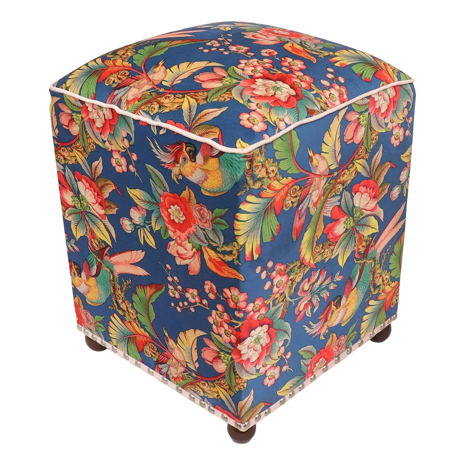 Boho Chic Edwardian Parrot Velvet Upholstered Ottoman | Chairish