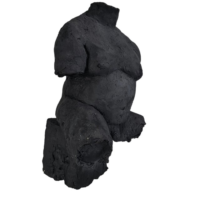 Brutalist Male Torso Black Hard Clay Sculpture | Chairish