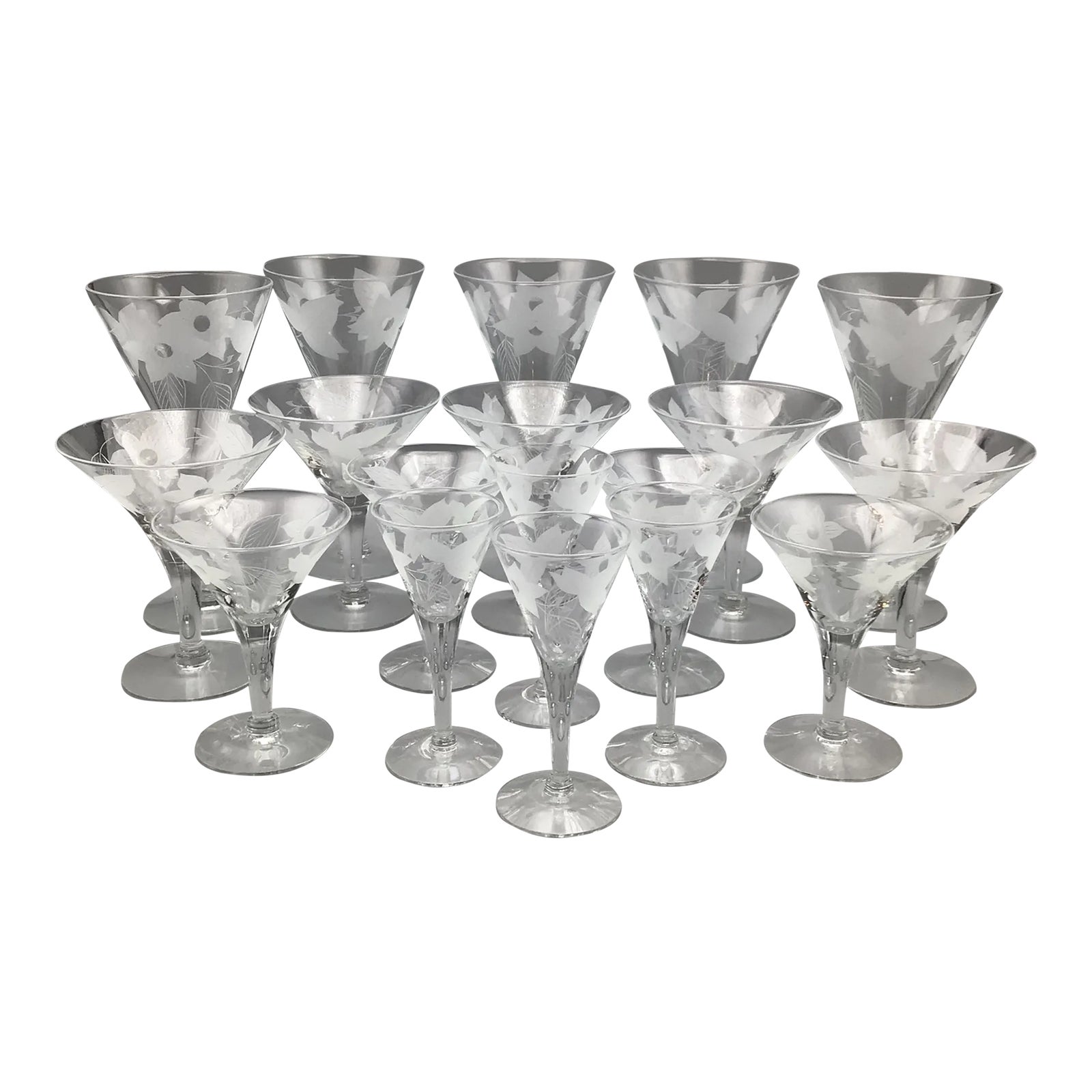 Vintage Floral Etched Crystal Stemware Set 5 Wine/Water, 5 Martini, 4 ...