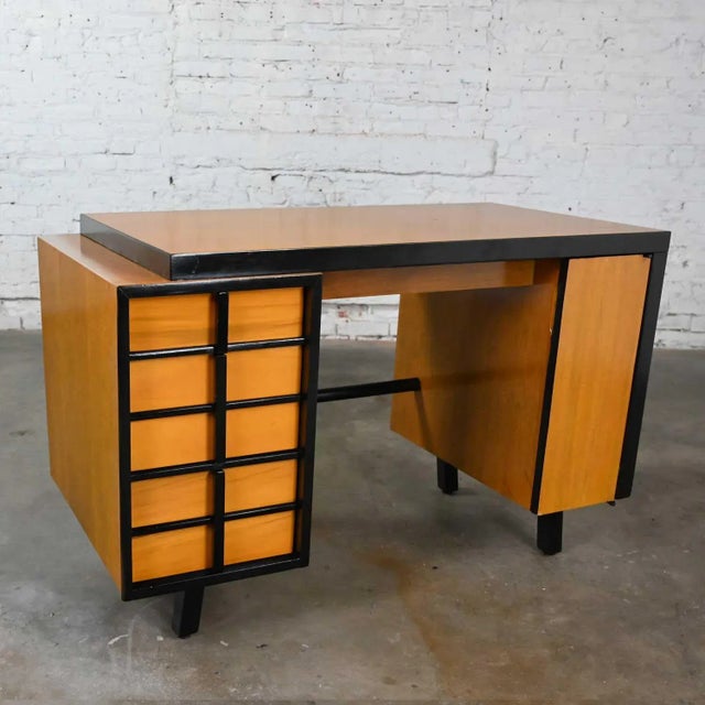 Vintage Mid Century Modern Art Deco Maple Colored Desk With Black ...