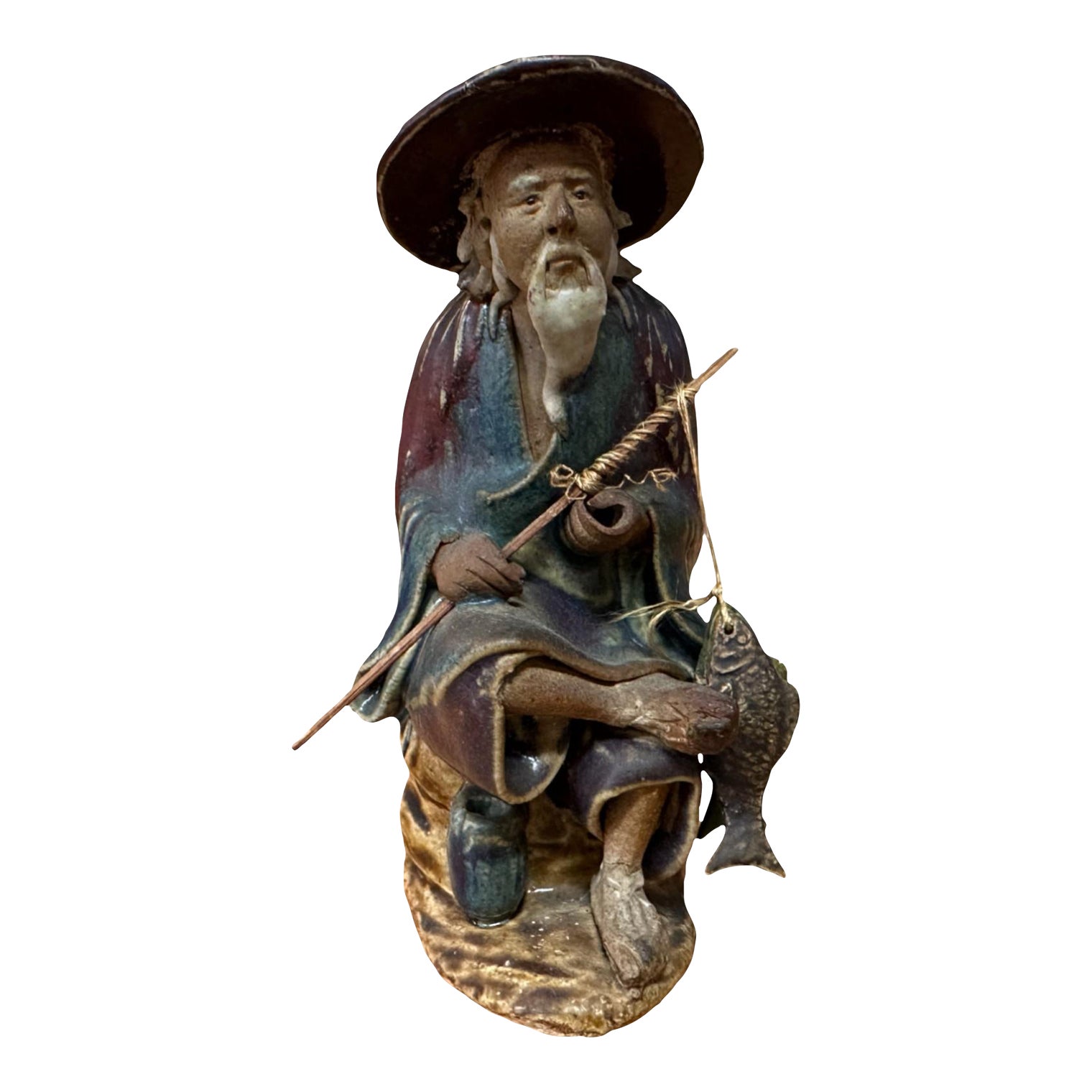Antique Chinese Mudman, Seated With Fish and Pole, 1890-1919 | Chairish