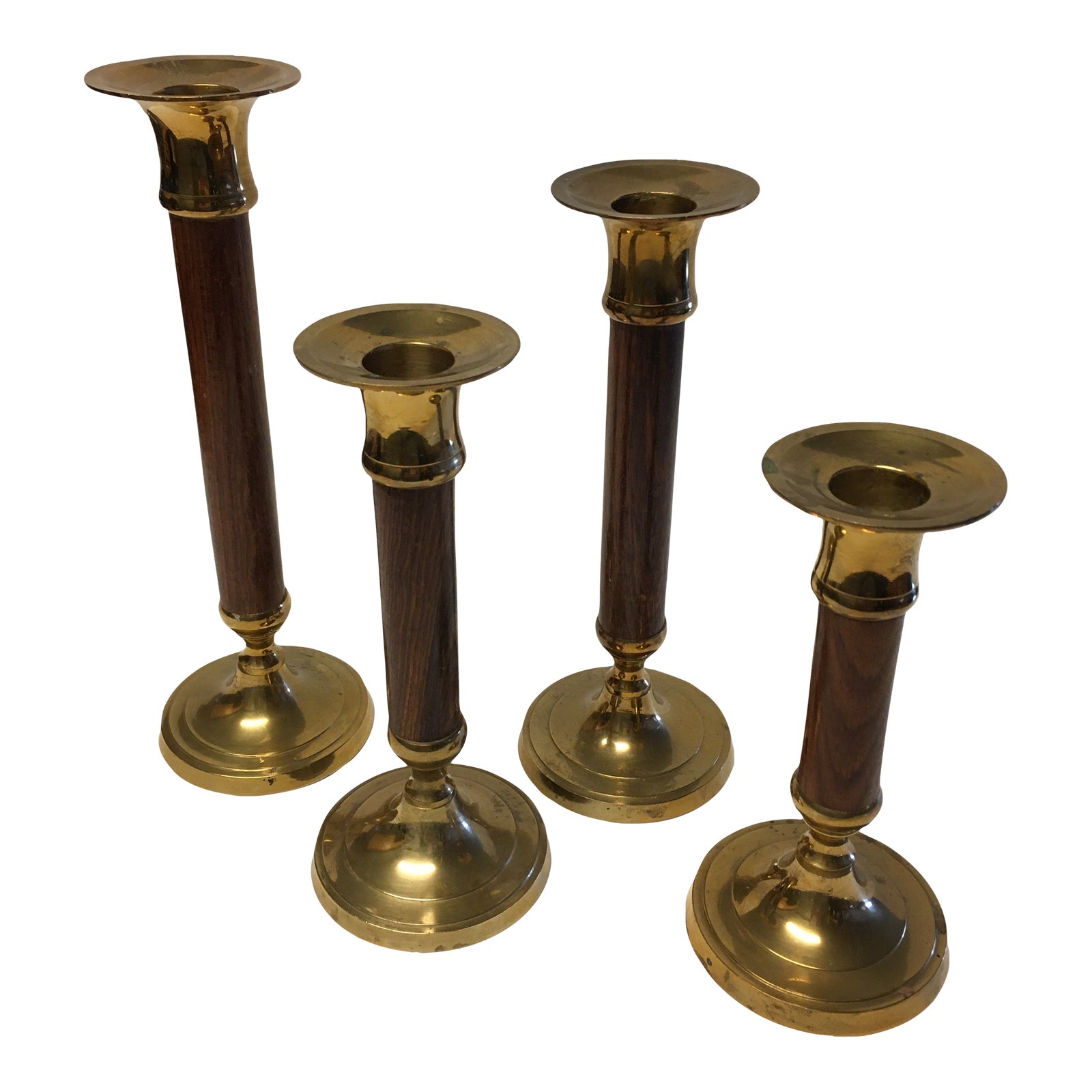 Mid Century Modern Brass & Wood Candlesticks Set of 4 Graduated Heights ...