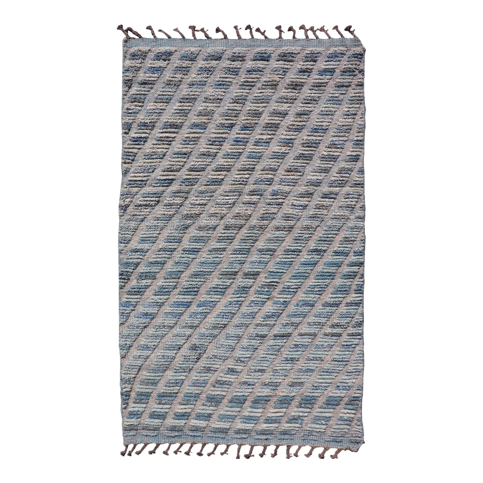 Modern Rug in Wool With Sub-Geometric Stripe Design in Blue With High ...