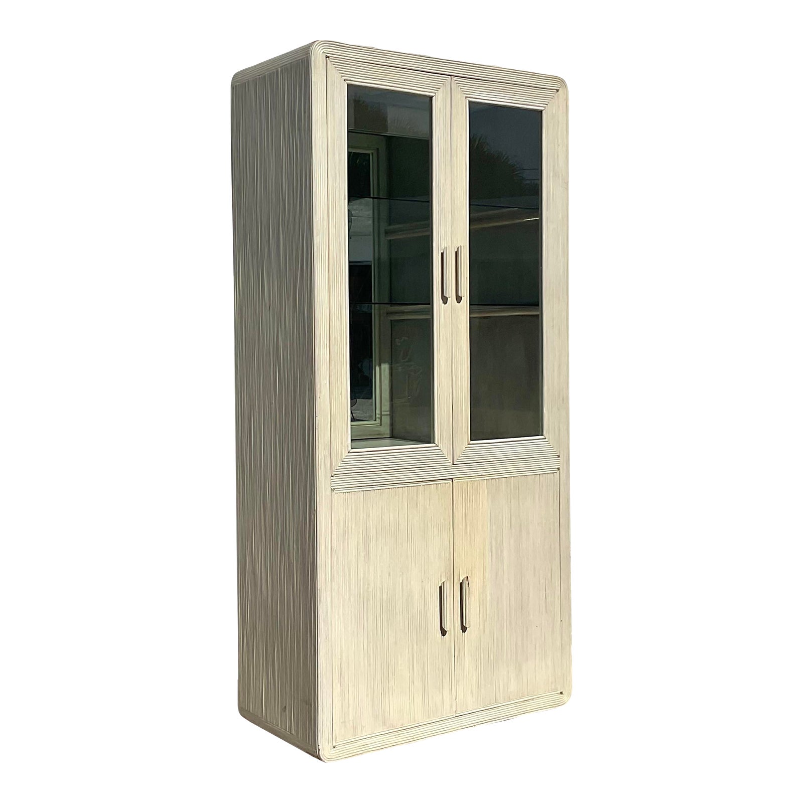 Vintage Coastal Cerused Pencil Reed Display Cabinet | Chairish