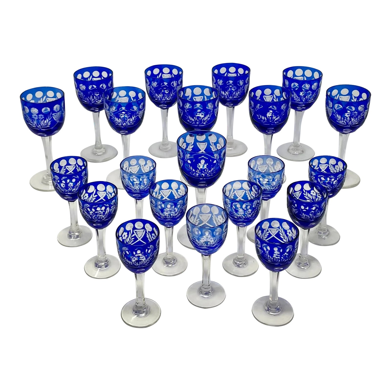 Cobalt Blue Cut Czech Crystal Hock Wine Glassware Set - 21pc. | Chairish
