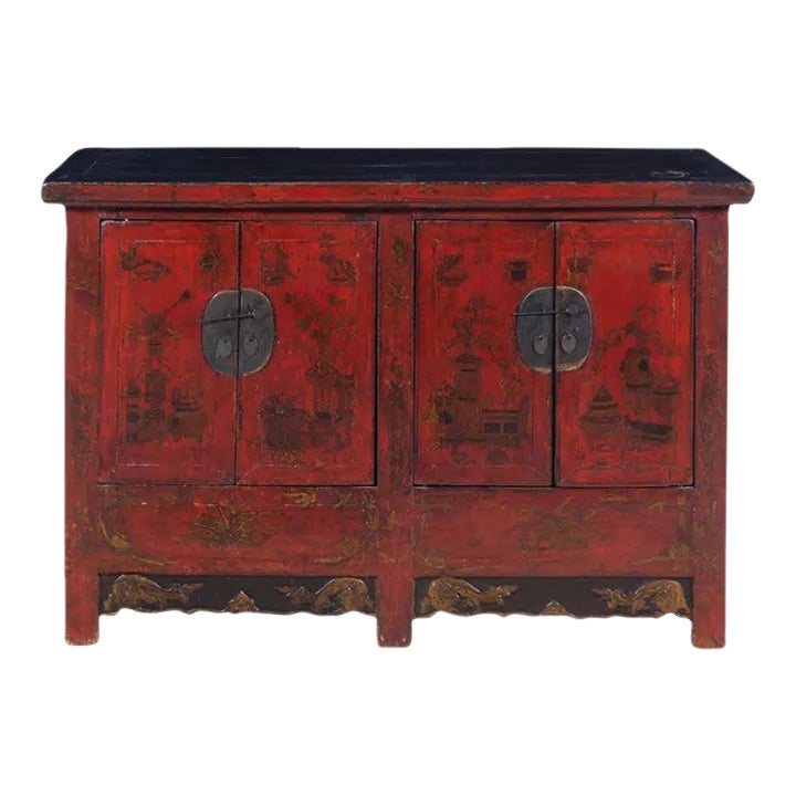 Antique Red Carved and Painted Chinese Buffet | Chairish