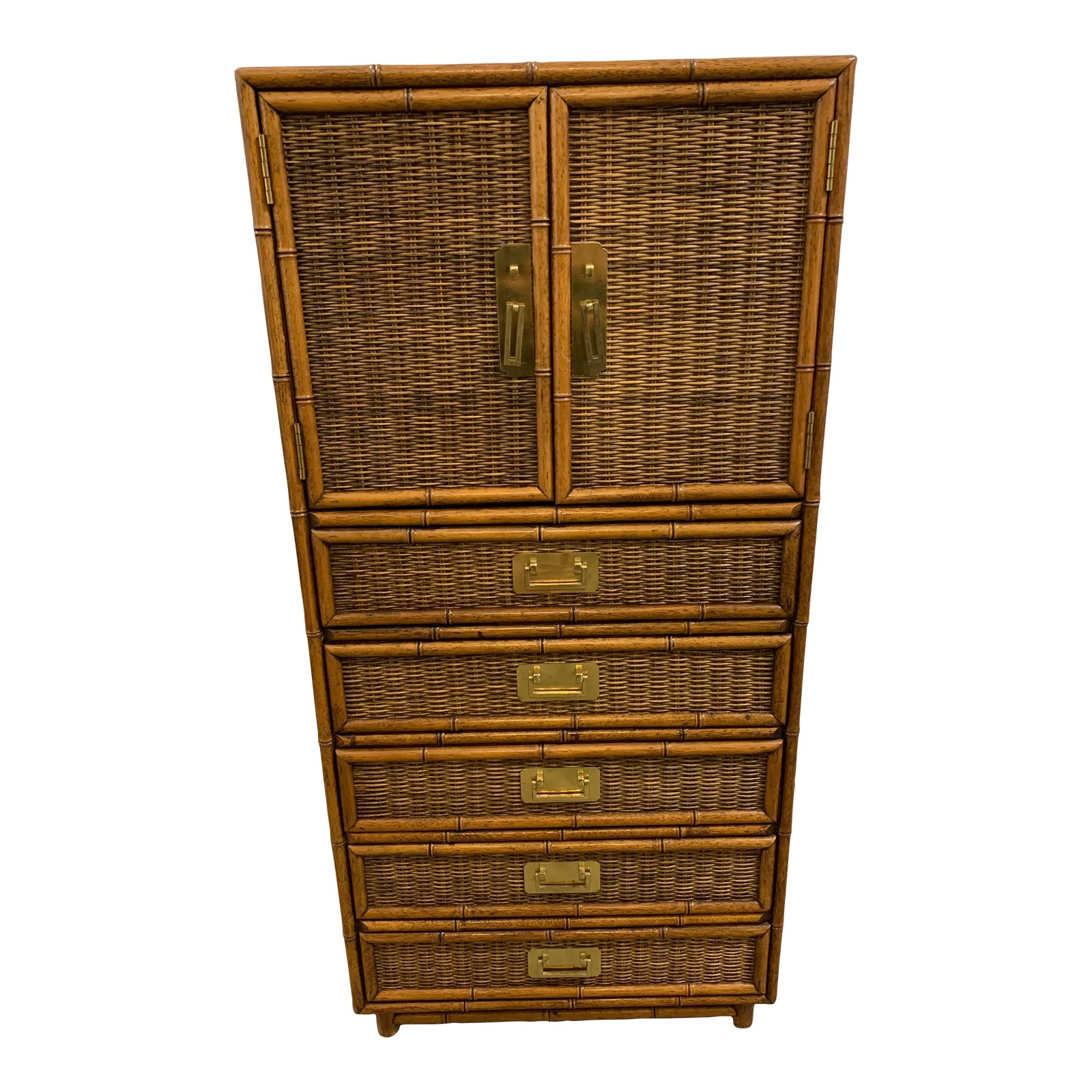 Vintage 1970s Coastal Faux Bamboo and Wicker Tallboy Dresser Dry Bar ...