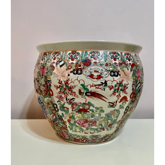 Vintage Chinese Rose Medallion Fish Bowl Planter with Koi Fish | Chairish