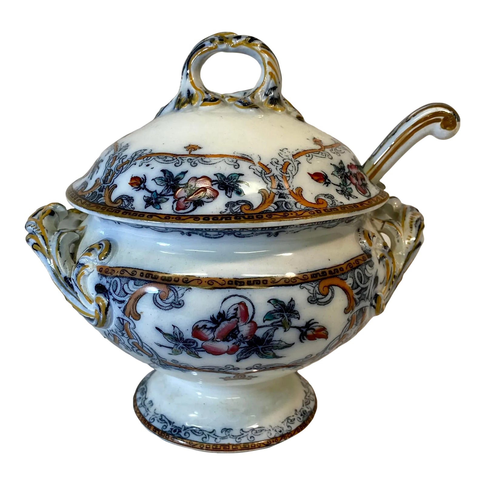 Antique Wedgwood Pearl-Ware Flow Blue Shannon Pattern Covered Sauce ...