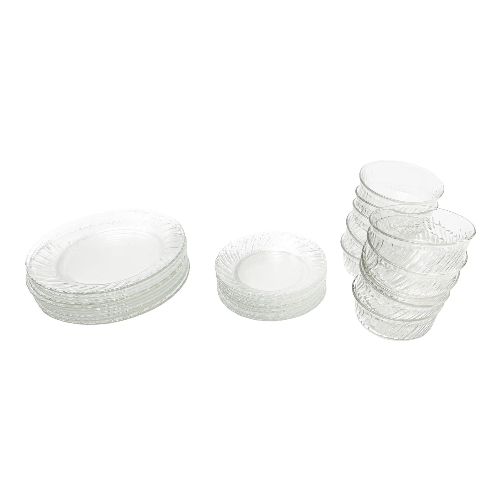 1970's Fortecrisa Clear Swirl Glass Tableware Set - 30 Pieces | Chairish