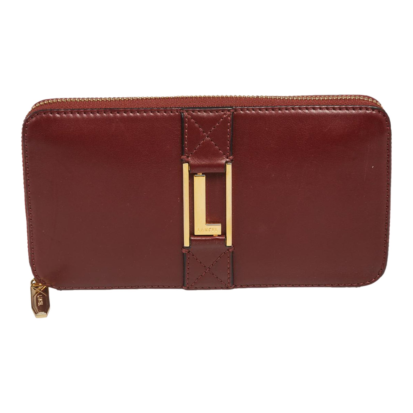 Lancel Burgundy Leather Logo Zip Around Wallet | Chairish