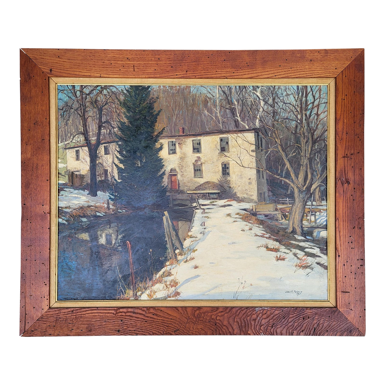 Vintage American Oil Painting on Board Bridge House on River John R ...