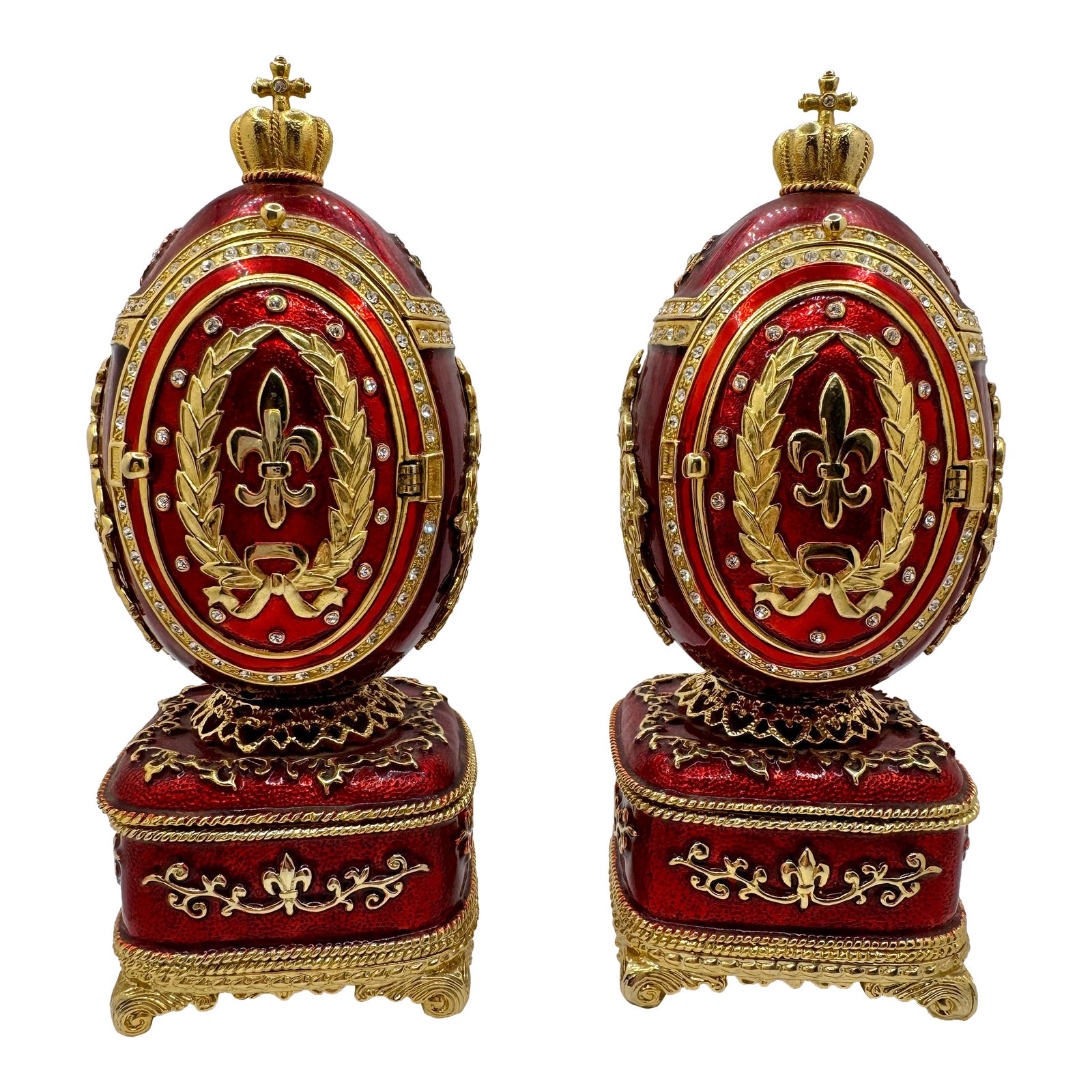 Late 20th Century Ruby Red Faberge Inspired Eggs, Set of 2 With Stand ...