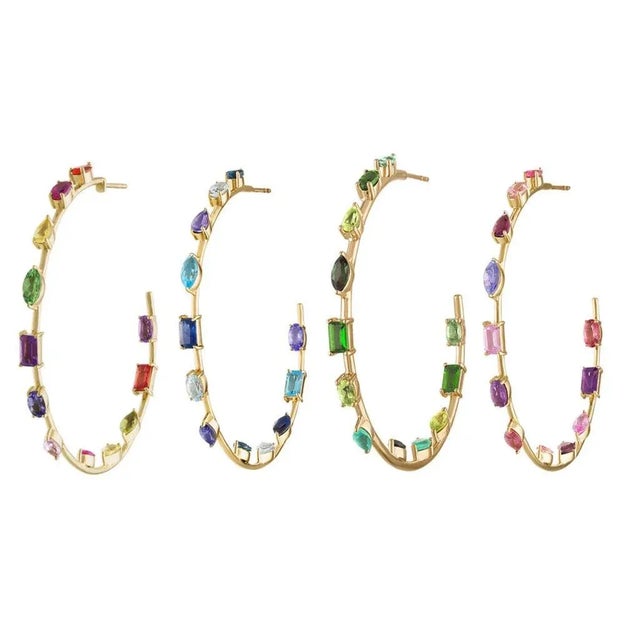 14K Yellow Gold Goddess Hoops in Shades of Blue, Large - 2 Pieces ...