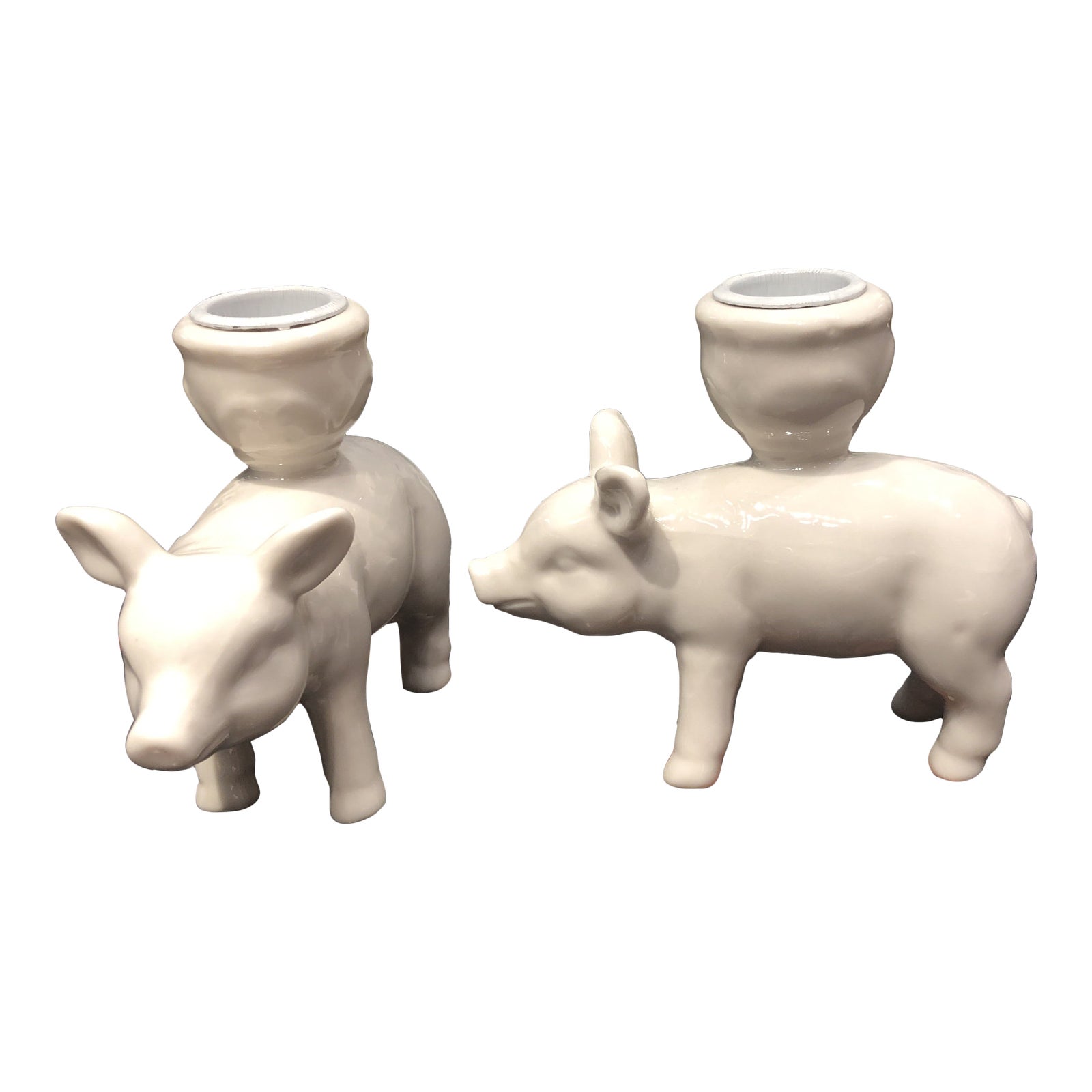 White Ceramic Piglet Candle Holders - a Pair | Chairish