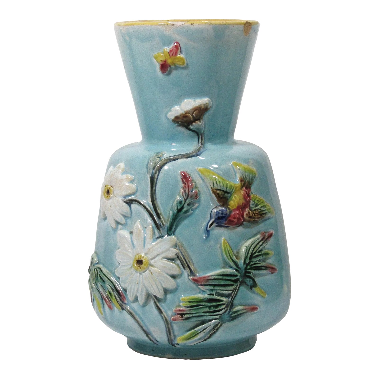 Vintage 1950s Handmade Pottery Aqua Blue Vase Hummingbird Butterflies ...