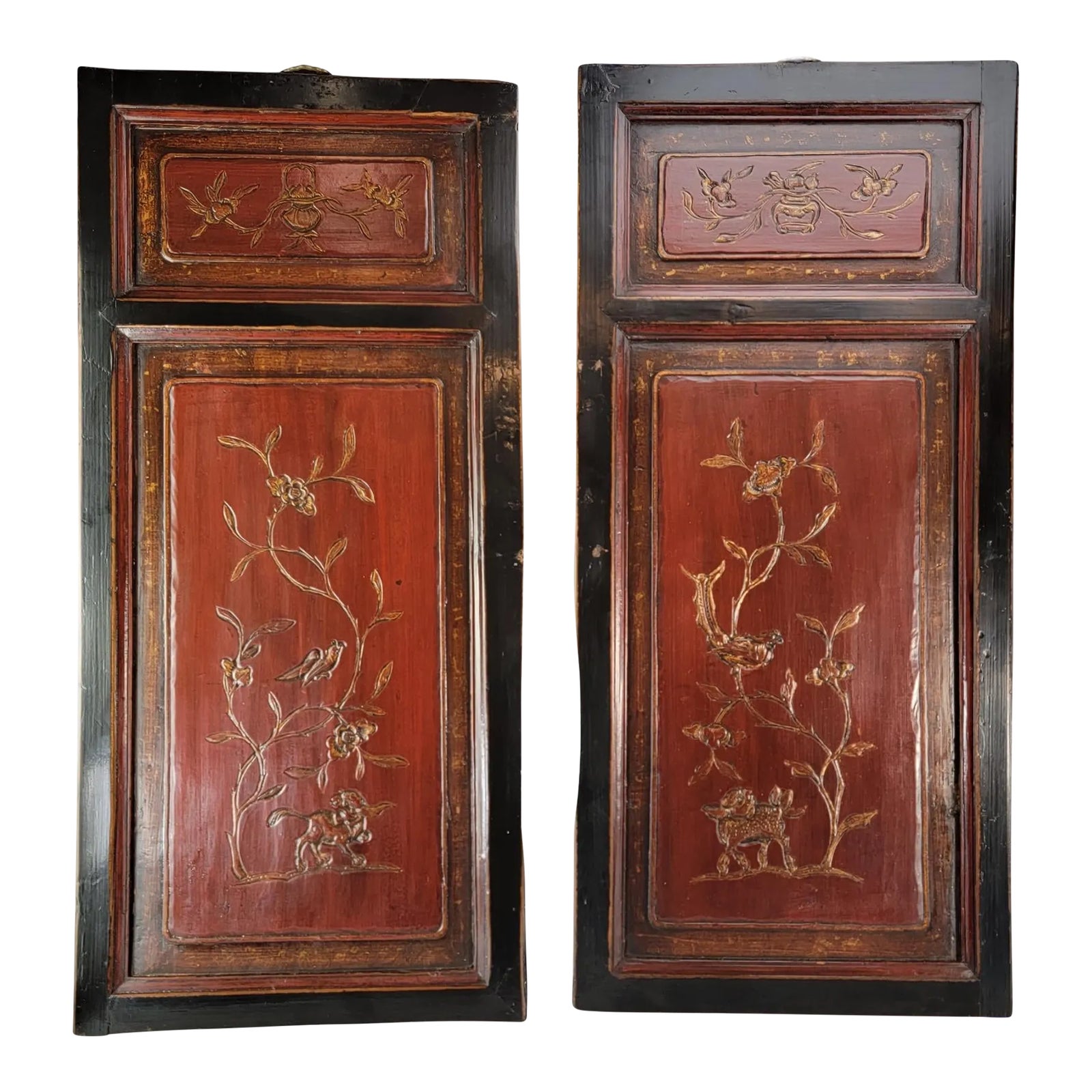 Chinese Red Lacquer Wood Carved Door/Wall Panel Pair | Chairish