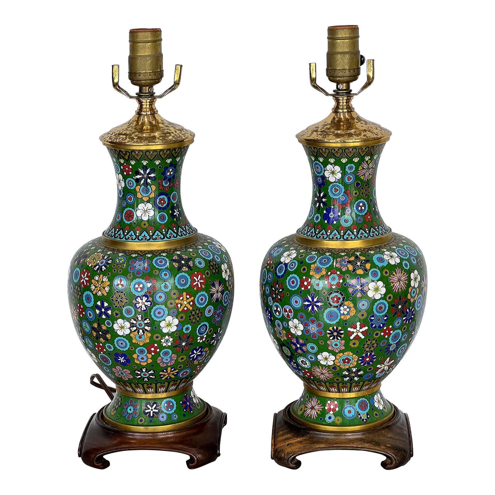 Pair of Mid-Century Chinese Cloisonne Urn Table Lamps on Wood Bases ...