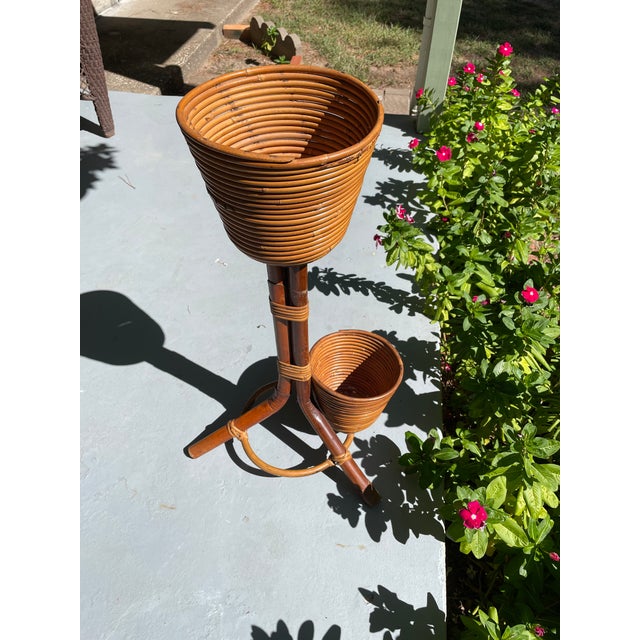 Vintage Mid 20th Century Italian Layered Rattan Plant Stand | Chairish