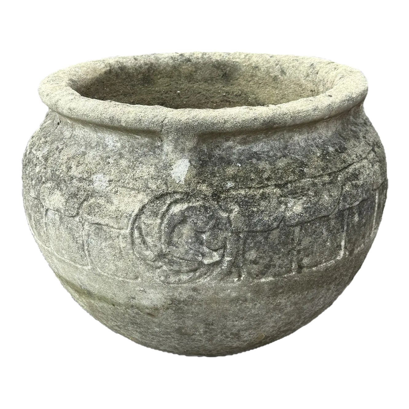 1920s Round Cast Stone Planter With Patina | Chairish