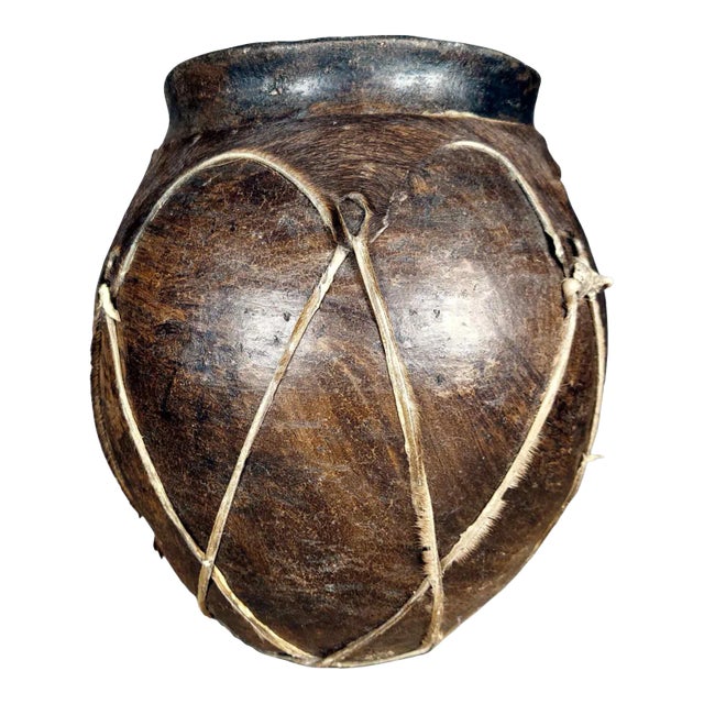 Late 20th Century Vintage Large Tarahumara Clay Olla Pot Vessel Rawhide ...