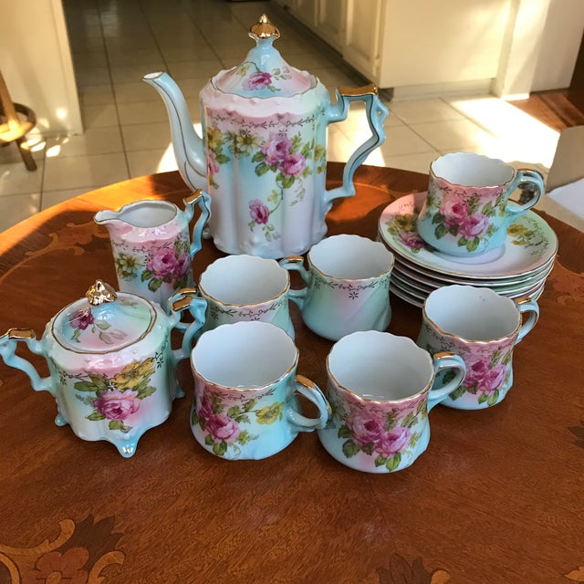 Antique Hand Painted Chocolate & Tea Set for 6 / 17 Pieces/Reduced ...