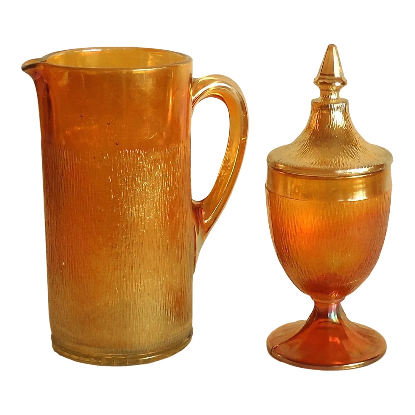 1960s Mid Century Marigold Copper Carnival Luster Glass Bar Pitcher and ...