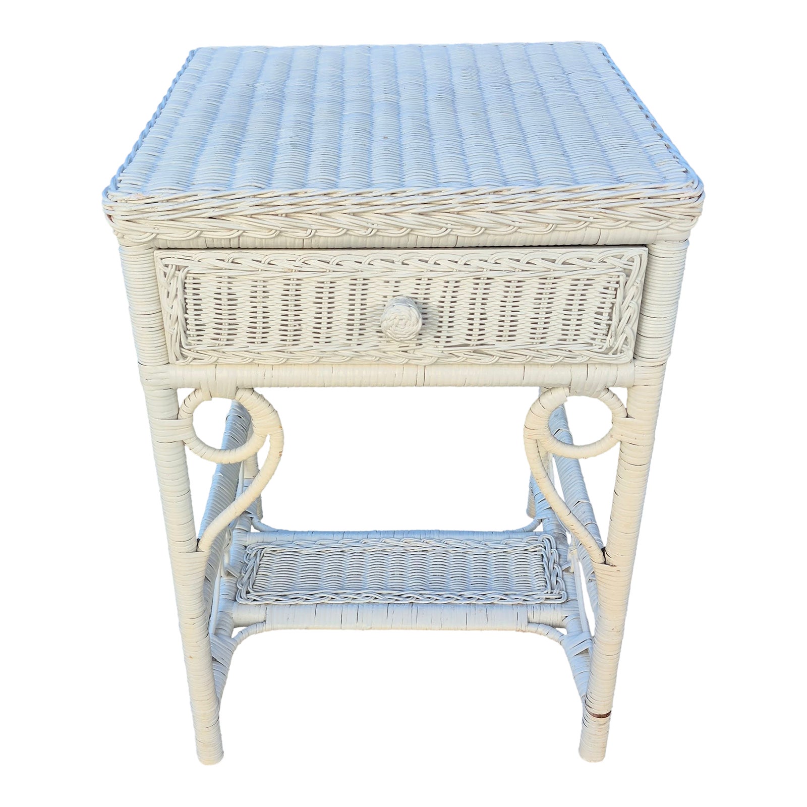 1980s White Wicker Night Stand End Table W/ Drawer | Chairish