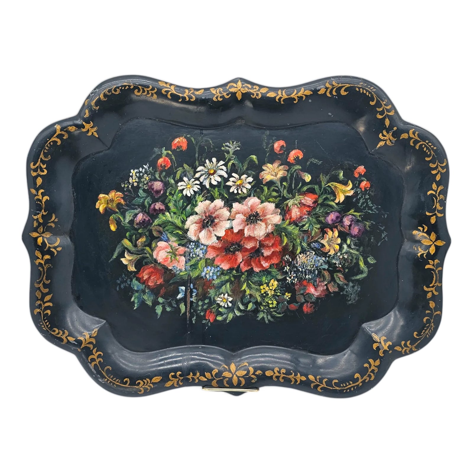1941 Hand Painted Tole Tray Floral Bouquet Gold Scrolls Green Scalloped ...