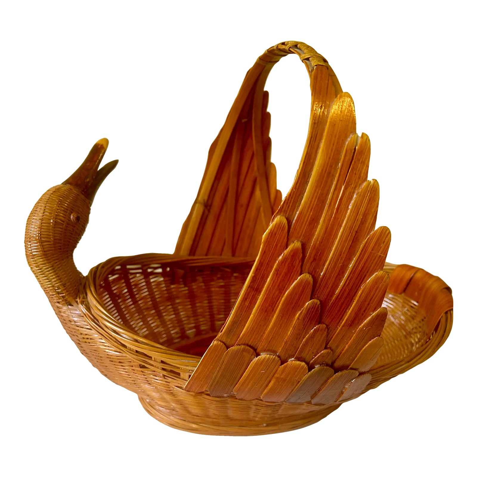 Vintage Wicker Rattan Flying Goose Basket With Handle | Chairish