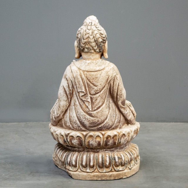 Carved and Patinated White Marble Chinese Buddha Sitting on a Lotus ...