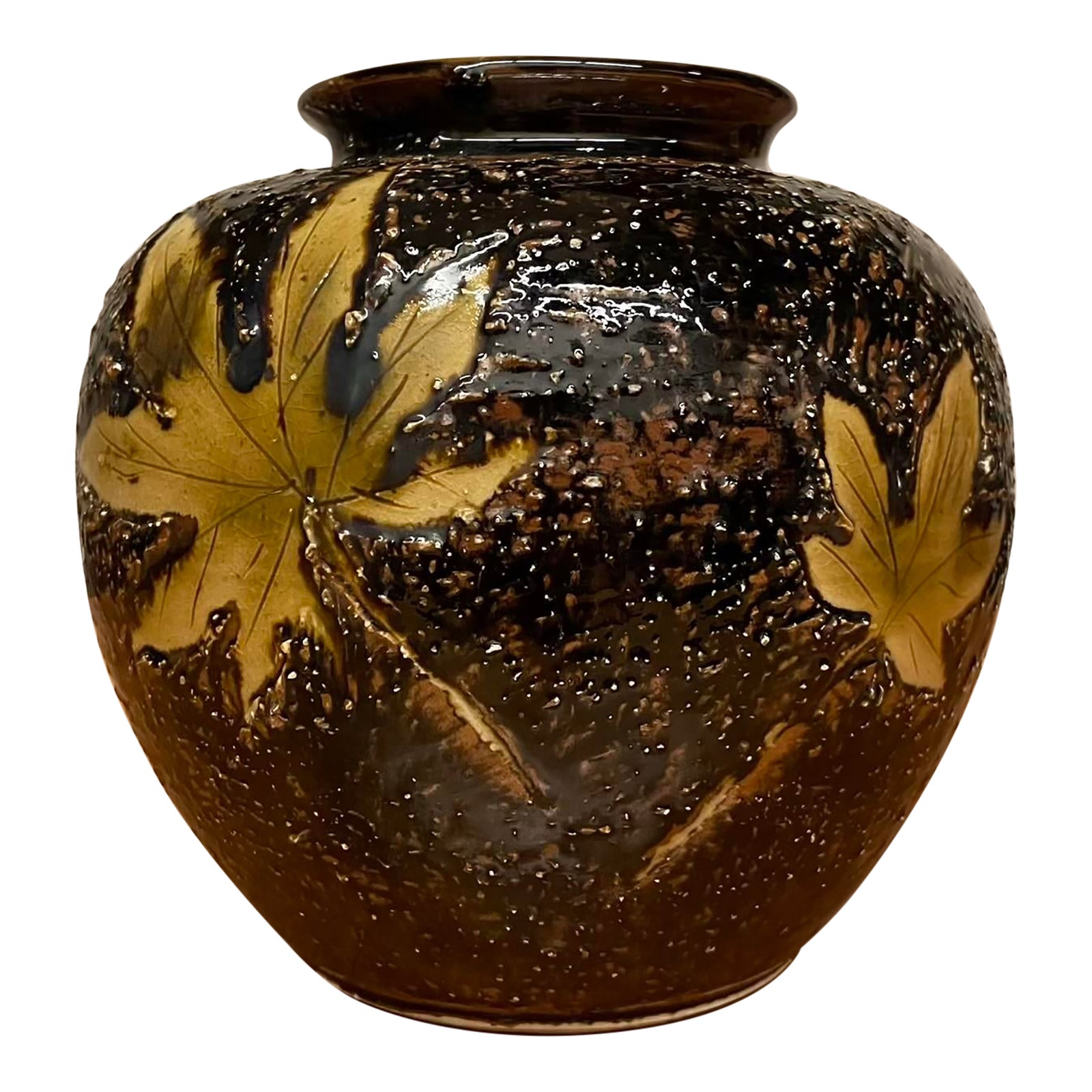 Japanese Textured Ceramic Vase With Maple Leaf Motif | Chairish
