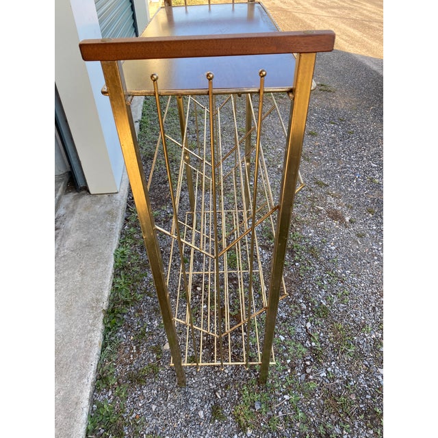 1960s Vintage Brass Wire Stand Walnut Handle Bookstand Rack | Chairish
