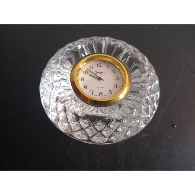 Vintage Clear Cut Crystal Concept Quartz Paperweight Desk Clock | Chairish