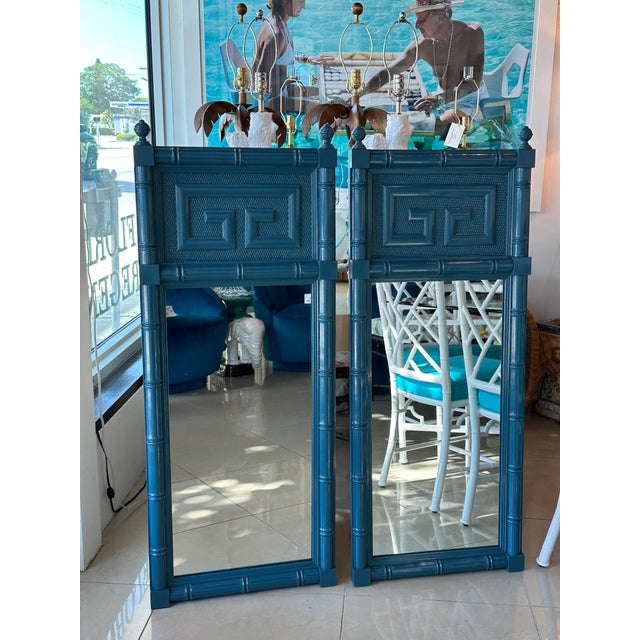 Vintage Pair of Wood Faux Bamboo Greek Key Blue Lacquered Wall Mirrors ...