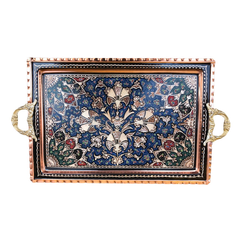 Rectangular Carved Copper Serving Tray with Handles | Chairish