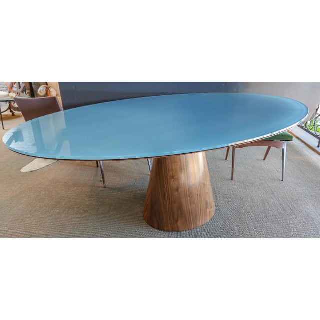 Custom Mid-Century Style Walnut Oval Dining Table With Glass Top | Chairish