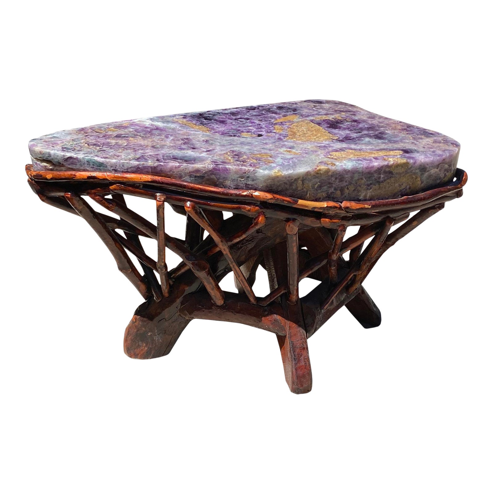 Crystal Jade Stone Top Bamboo Wood Stick Base Accent Stool Stand Table ...