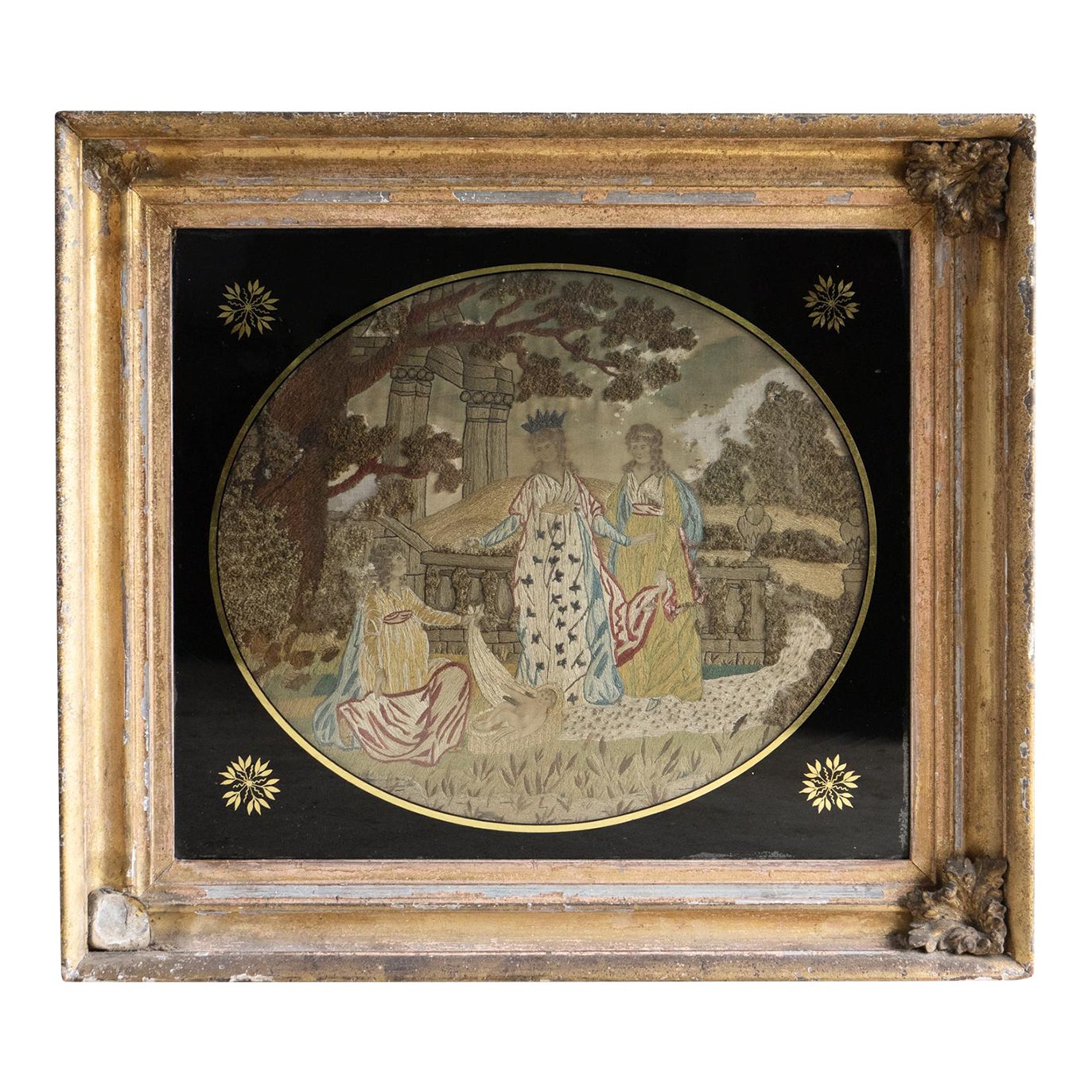 Antique Georgian Silkwork Embroidery, Moses in the Bullrushes, Verre ...