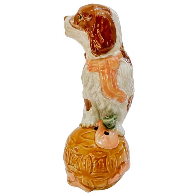 Staffordshire Pottery Spaniel on Carved Ball Dog Figurine | Chairish