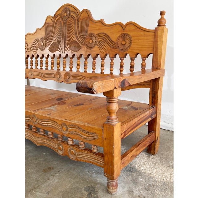 Vintage Mexican Folk Art Carved Wood Bench | Chairish